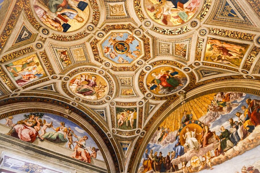 Detailed Renaissance frescoes on Vatican Museums ceilings