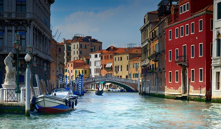 A gondola at the edge of the Venice lagoon