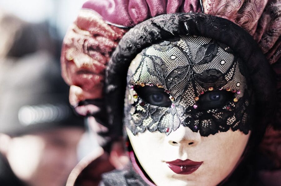 Closeup of a Venetian floral masquerade mask