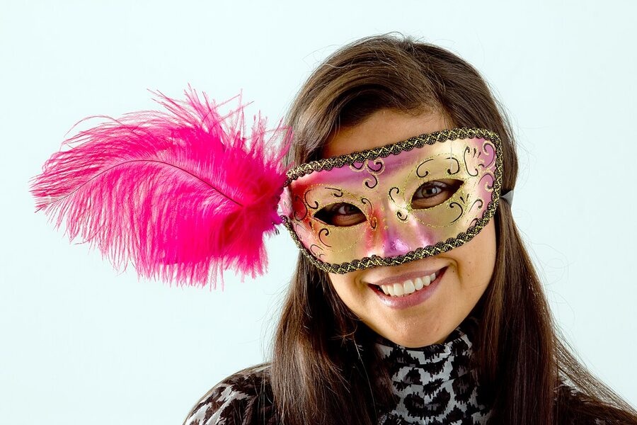 Close-up of a finished Venetian mask in a studio