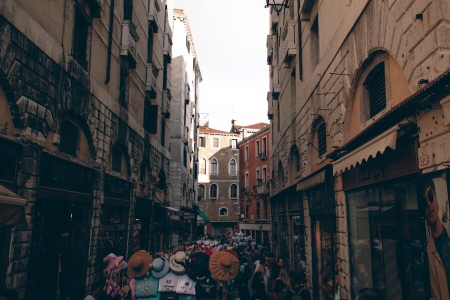 A market street in Venice with traditional architecture