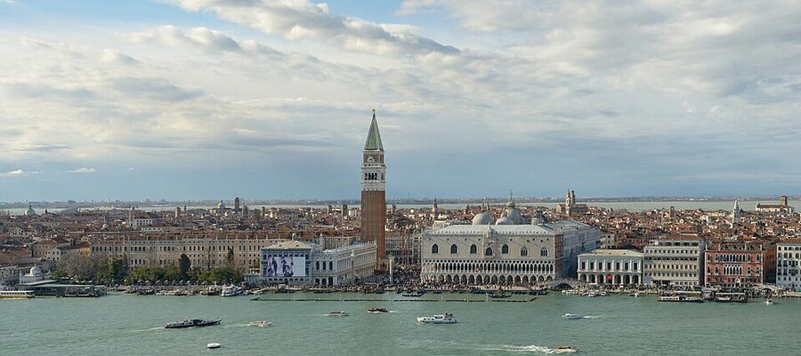 Wide panoramic view of Piazza San Marco with the Basilica and Campanile
