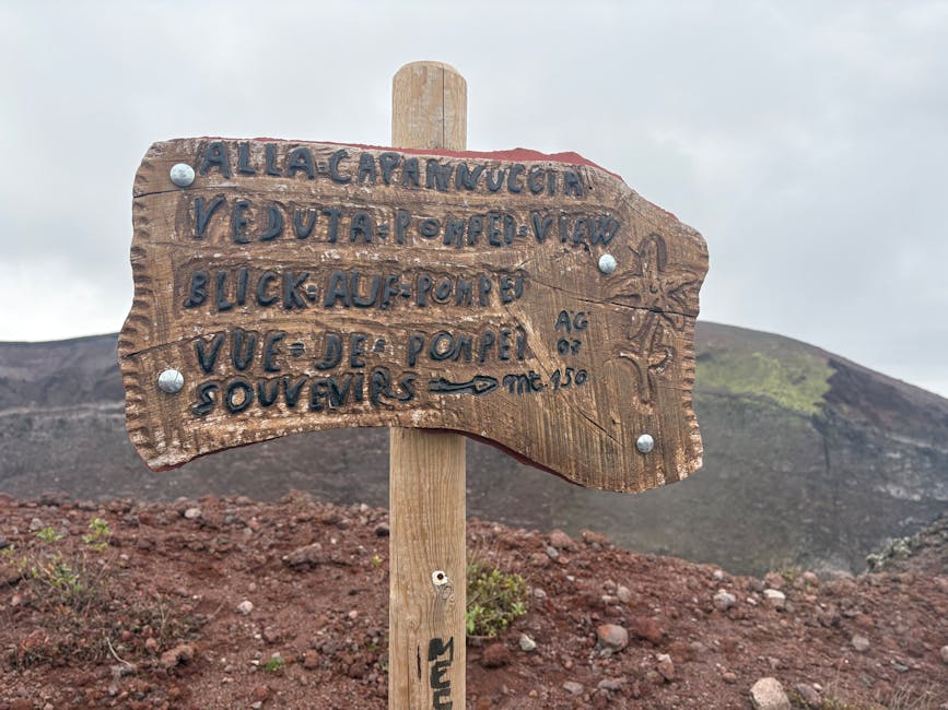 Mount Vesuvius hiking trail signpost overlooking Pompeii