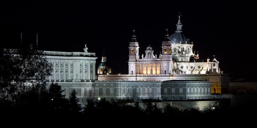 Almudena Cathedral and Royal Palace at night Madrid