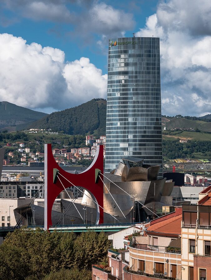 Guggenheim Bilbao with La Salve bridge and Iberdrola Tower