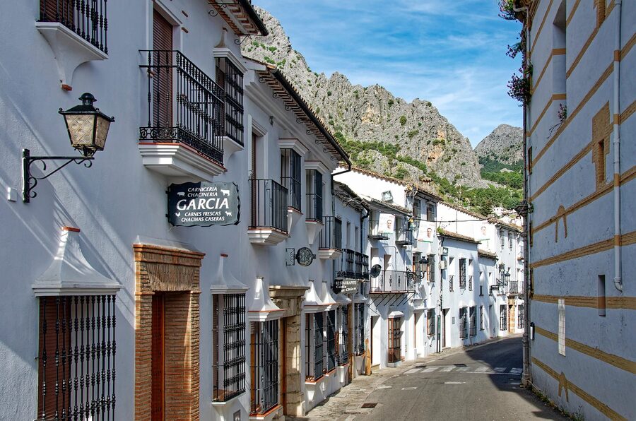 Grazalema village street with whitewashed houses and flowers